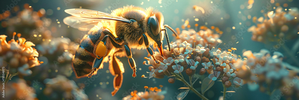 Honeybee on vibrant flowers. Close-up macro photography with natural ...