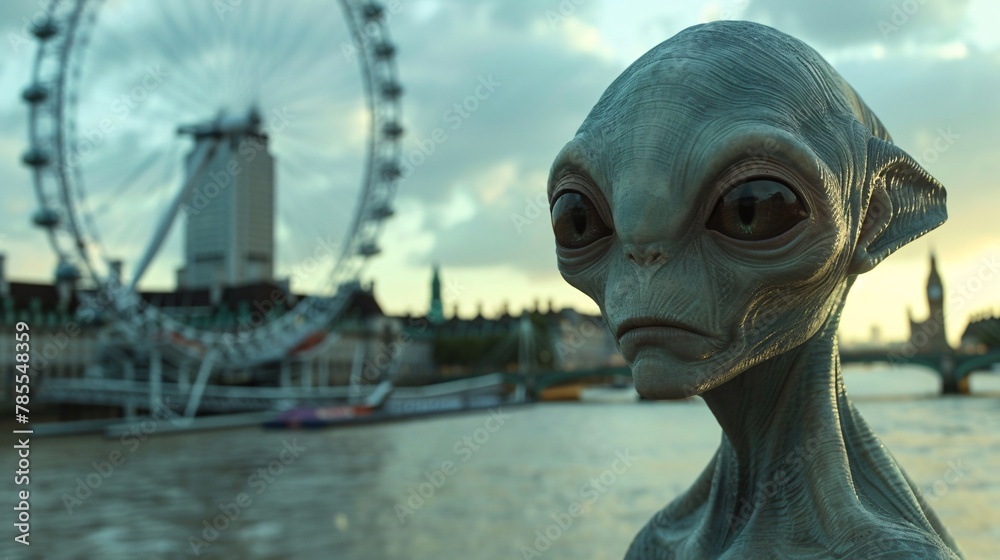 Cinematic image of a friendly alien enjoying a scenic river cruise ...