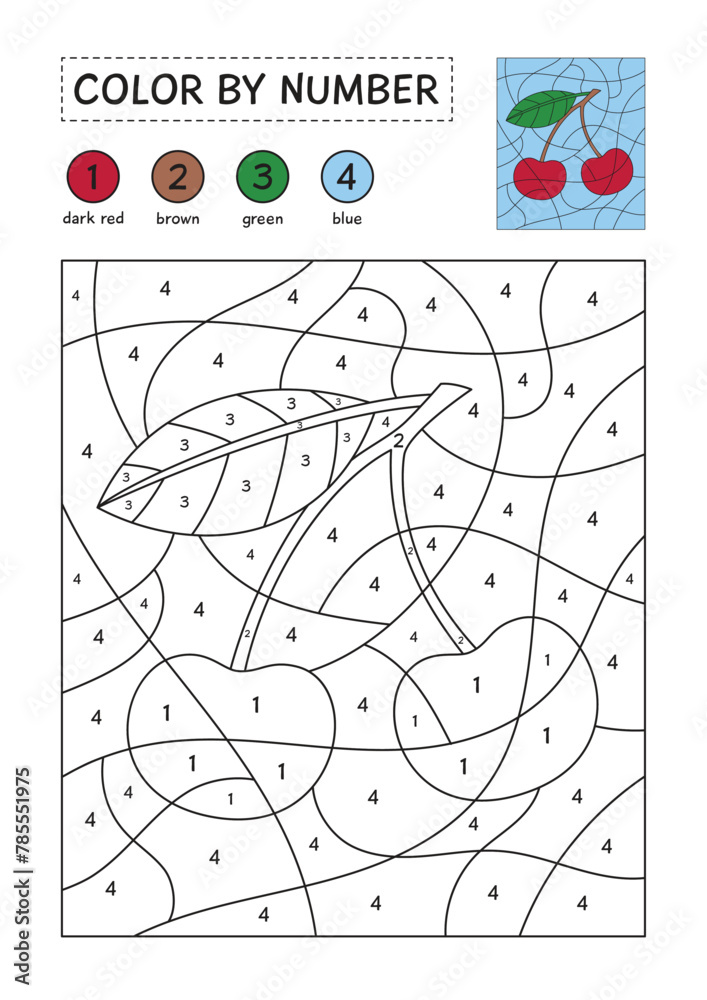 Coloring page with a picture of cherries to color by numbers. Puzzle ...