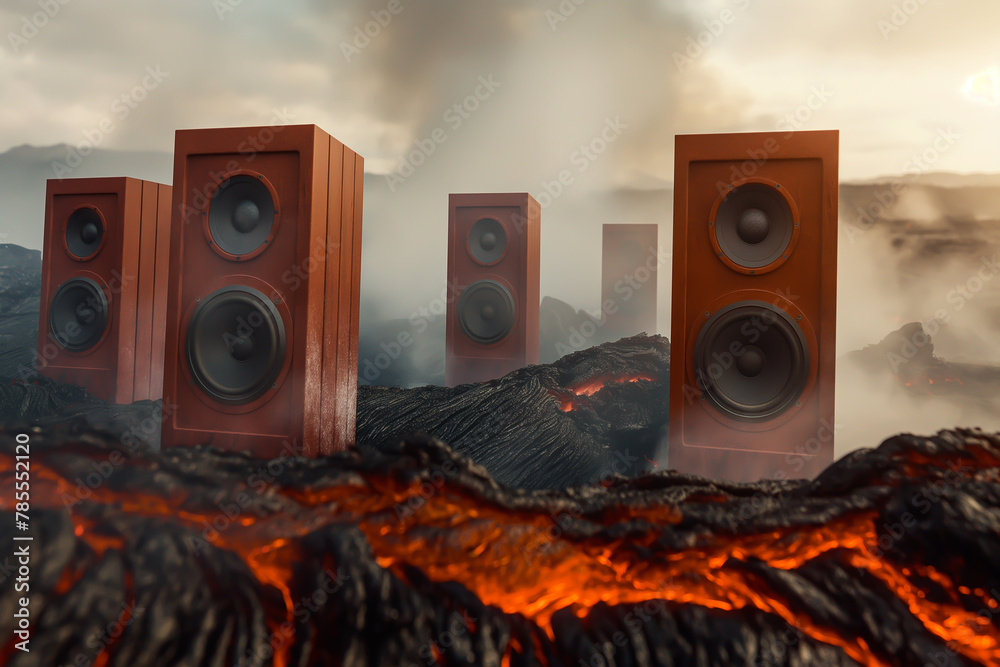 Classic style wooden speakers Set on top of volcanic lava. Album cover ...