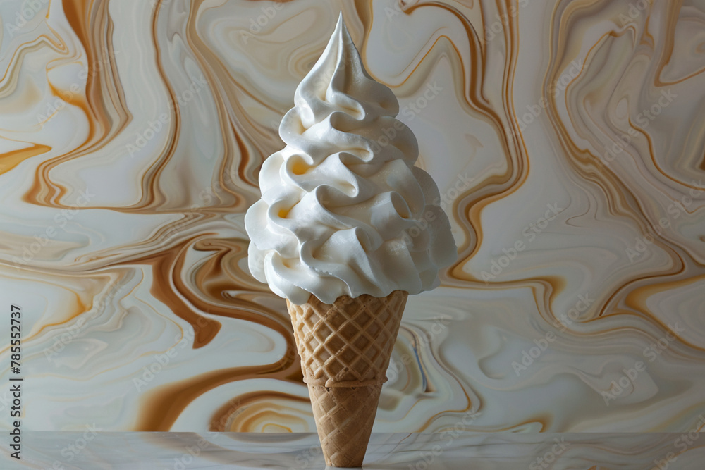 Visualize an ice cream cone made entirely of swirling ribbons of soft ...