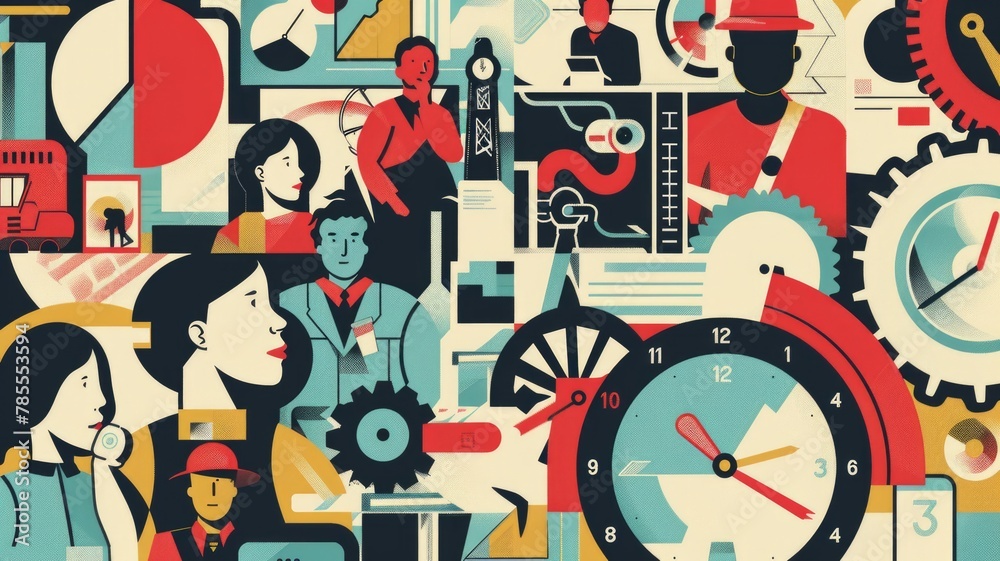 poster featuring iconic symbols for labor rights achievements like a ...