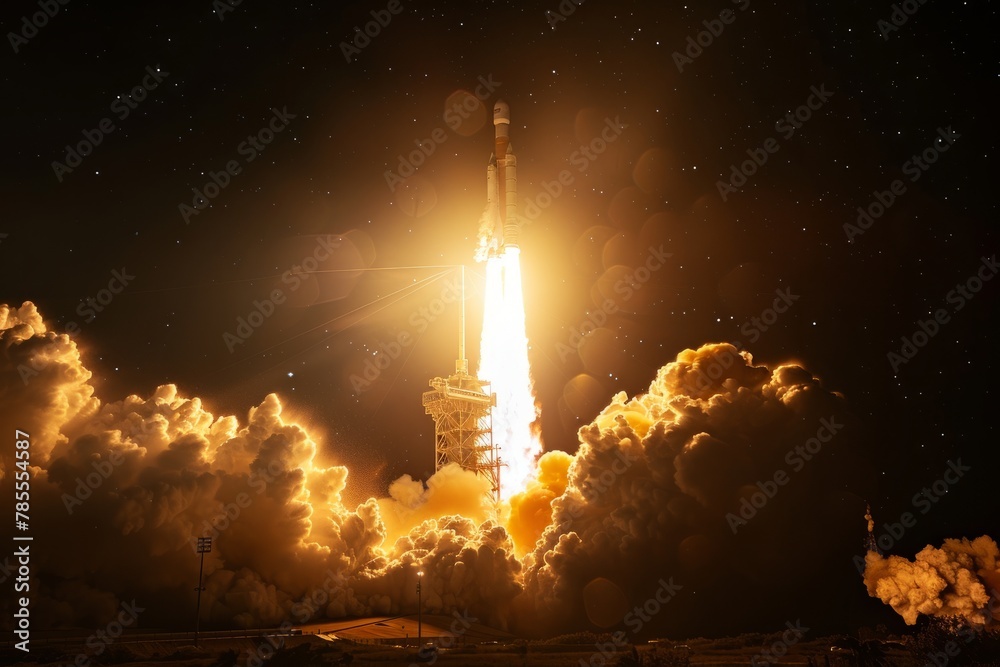 Rocket Launch at Night Captured with Long Exposure Stock Photo | Adobe ...