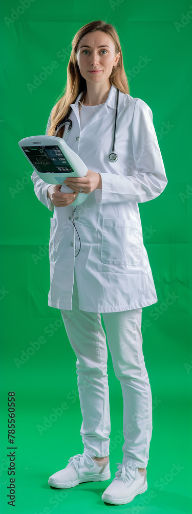 a full body shot from head to toe of a 28-year-old doctor standing ...