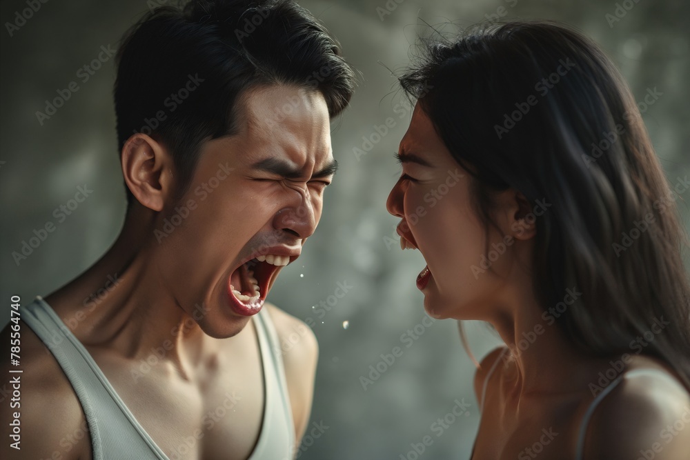 Angry young adult asian woman yelling versus her husband. Man and woman ...