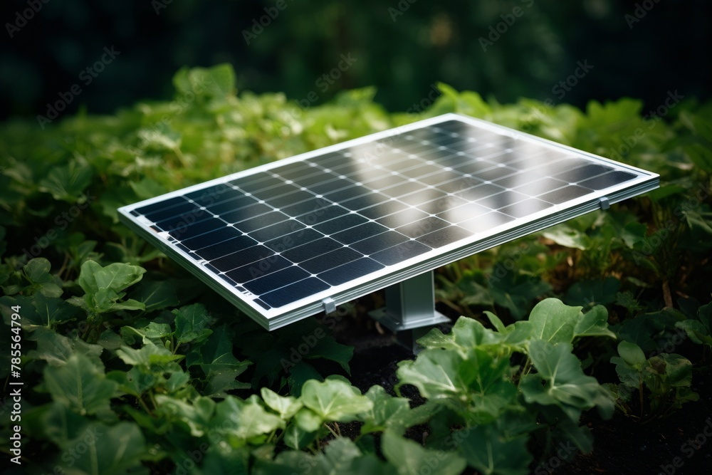 Solar panels in the garden. Solar power plant among trees and bushes ...