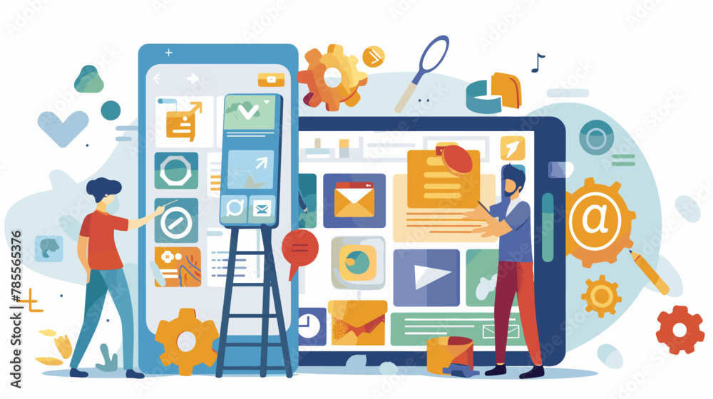 Web and mobile app design process concept, designer and developer team collaborating on user ...