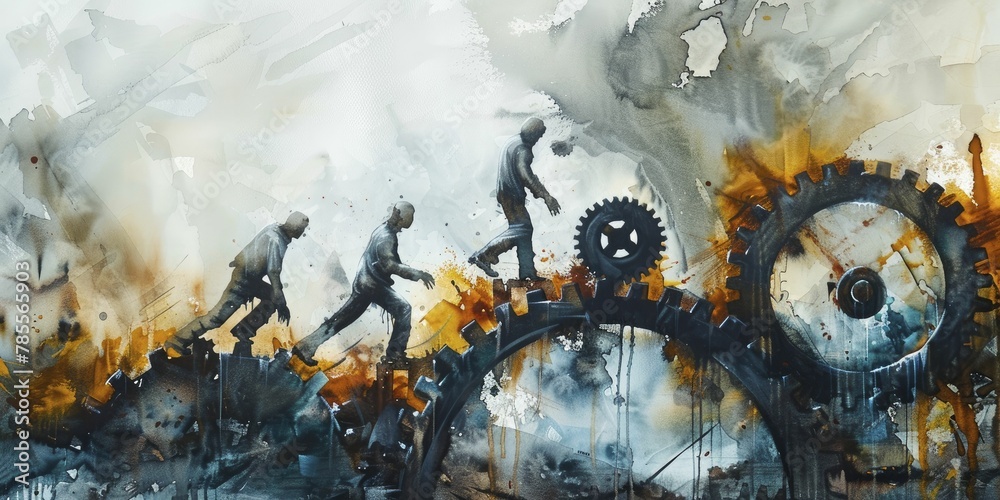 The watercolor painting illustrates human figures collaborating to ...