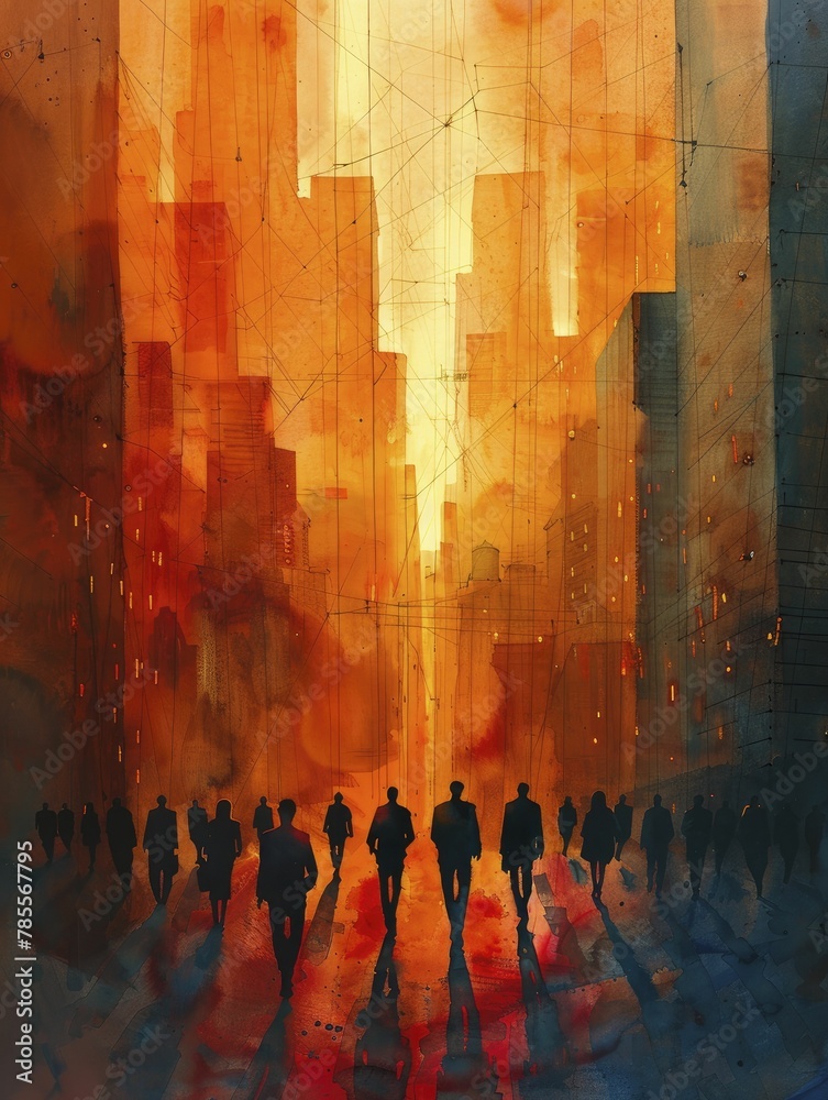 The watercolor masterpiece depicts a vibrant sunset urban scene ...