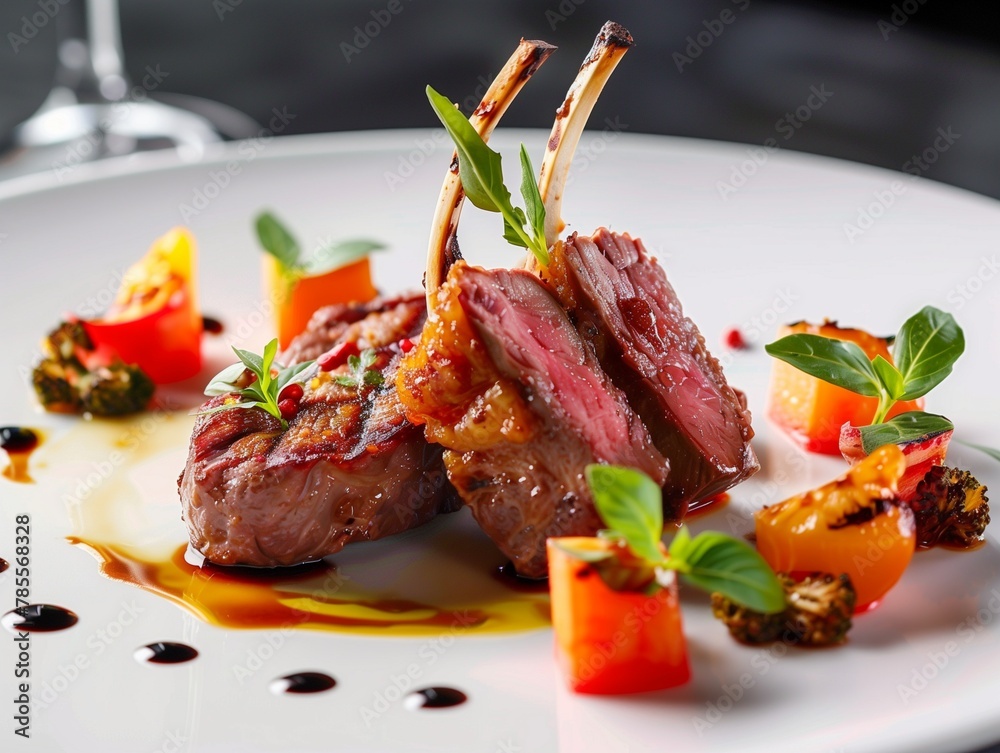 Delicious Meaty Dishes with Fresh Vegetables: Beef Steak, Lamb Chops ...