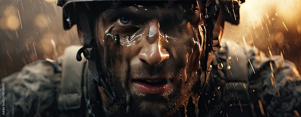 fear of the military power on the face of soldier on batterfield ...