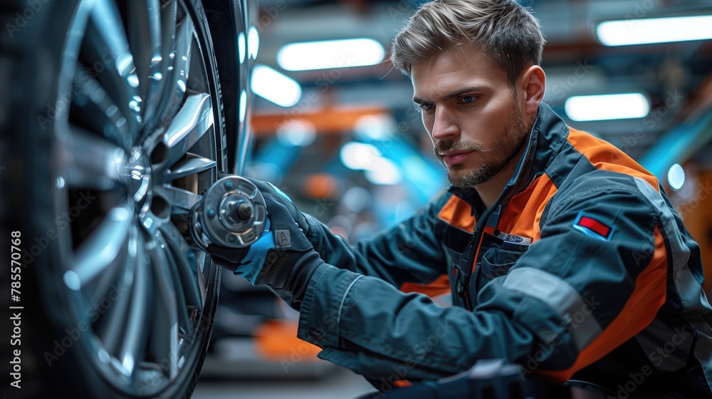 Car service. A mechanic using specialized tools to perform a wheel ...