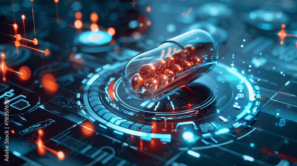 Detailed visualization of a medicinal pill connected to a digital ...