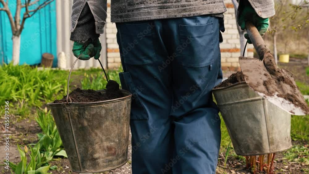 farmer garden works soil, man scooped soil into buckets shovel, male ...
