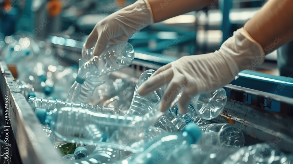 Worker sorts trash on conveyor belt at waste recycling plant , generative ai Stock Illustration ...