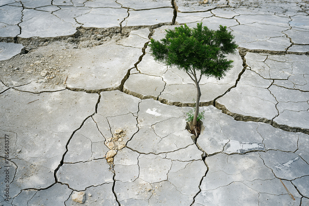 Visual metaphor, a single tree growing through cracked concrete ...