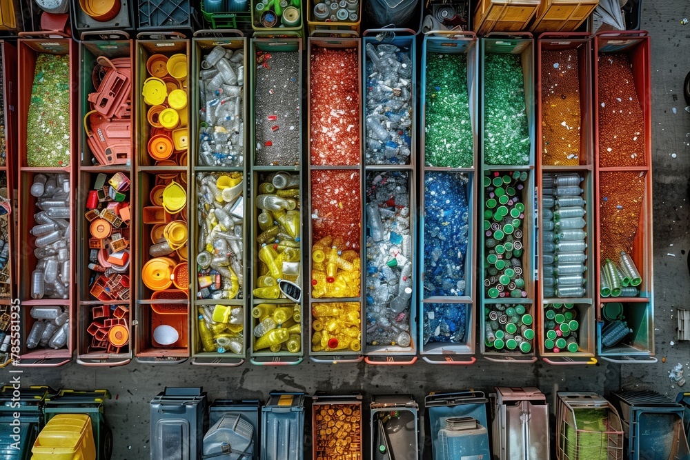 An aerial view of a recycling center with bins for sorting various ...