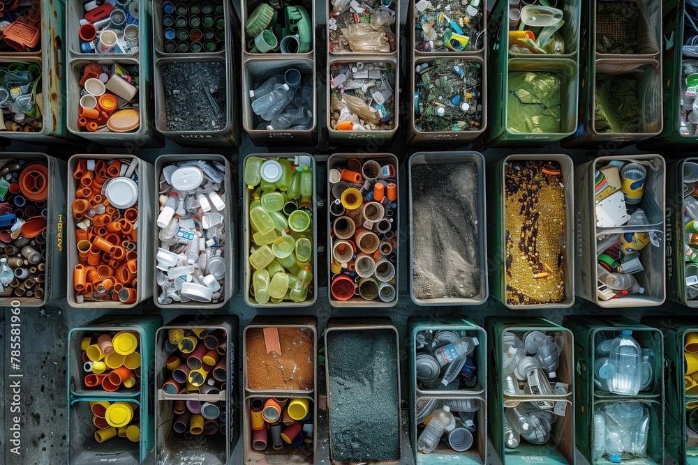 An aerial view of a recycling center with bins for sorting various ...