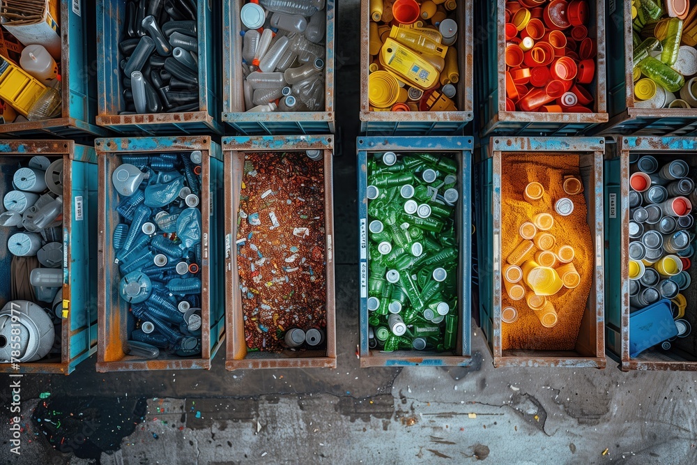 An aerial view of a recycling center with bins for sorting various ...