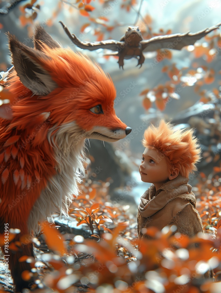 Enchanted encounter: child and fox in fairytale forest. Illustration of ...