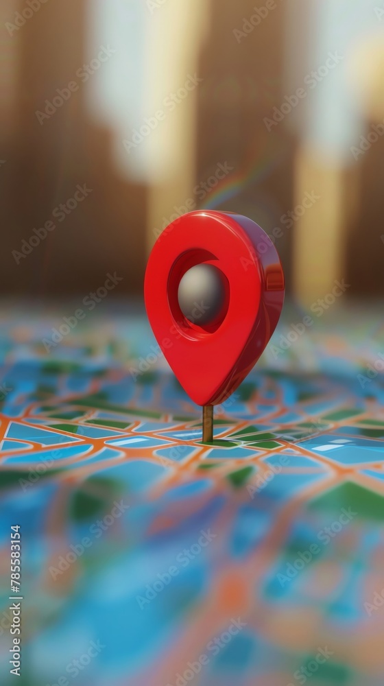 3D red location pin icon on map, simple design, blurred background ...