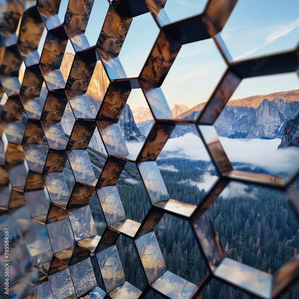 A closeup of the edge of hexagonal architecture, with a backdrop of ...