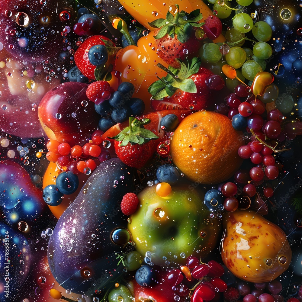 An image of various fruits floating in space with stars and galaxies in ...