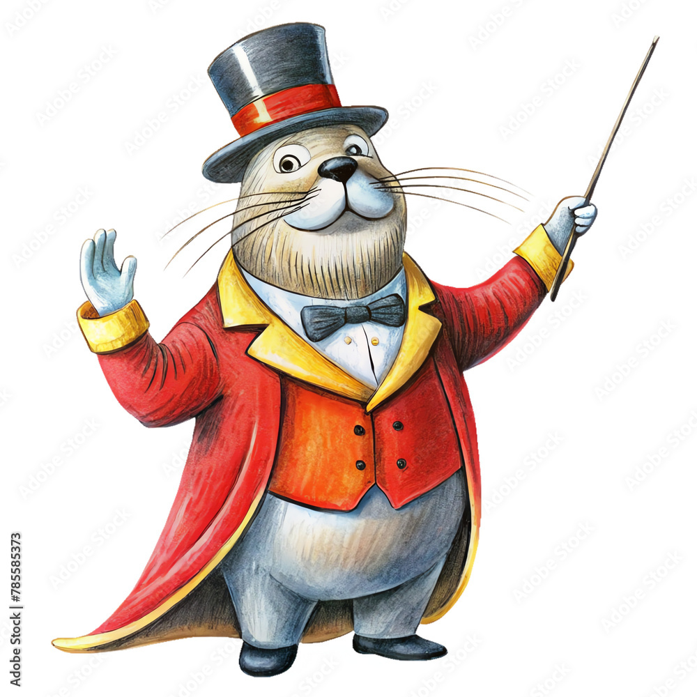 A cartoon illustration of a pudgy, mustached ringmaster in a red ...