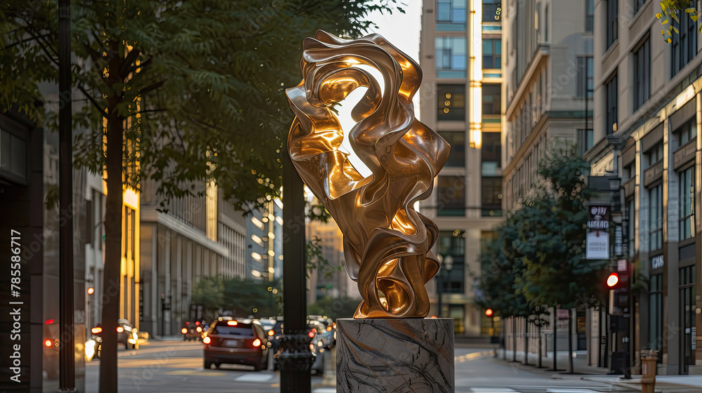 On a street corner, a sculpture portraying the , with a golden hour ...