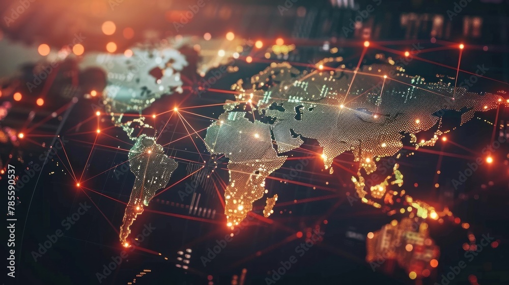 Digital map of the world with pulsing data points, highlighting the ...