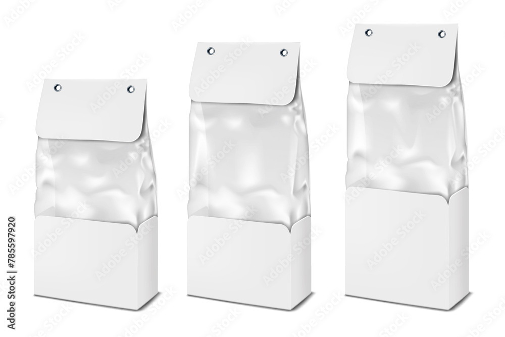 Box-shaped blank white paper bag with clear plastic pouch inside ...