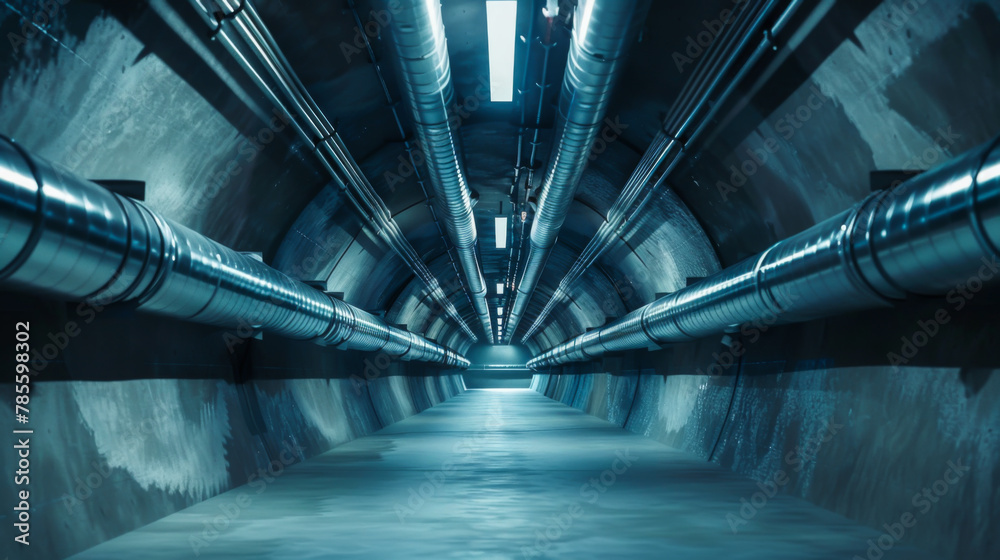 Empty underground corridor with drainage system and metal pipelines for ...
