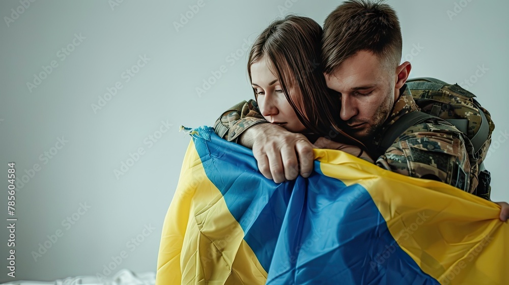 Ukrainian couple who met after the war. military man in uniform hugs ...