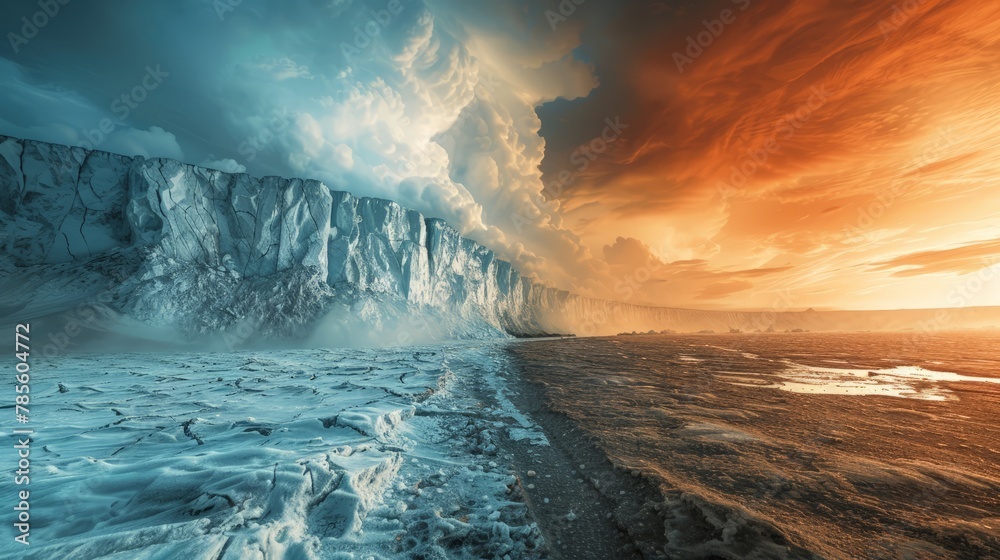 Stark contrast of a melting ice wall on one side and a parched desert ...