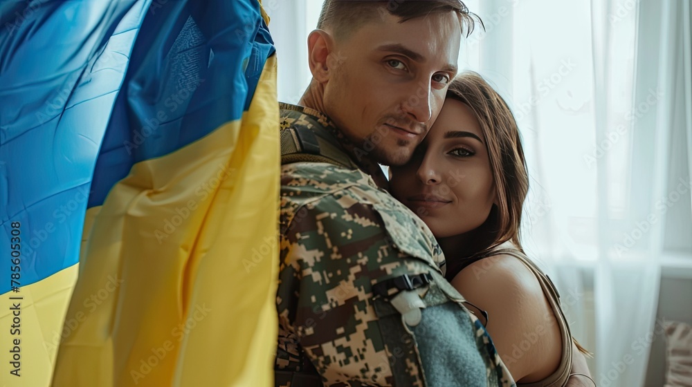 Ukrainian couple who met after the war. military man in uniform hugs ...