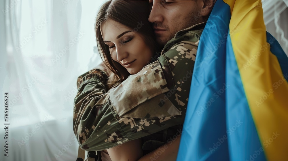 Ukrainian couple who met after the war. military man in uniform hugs ...