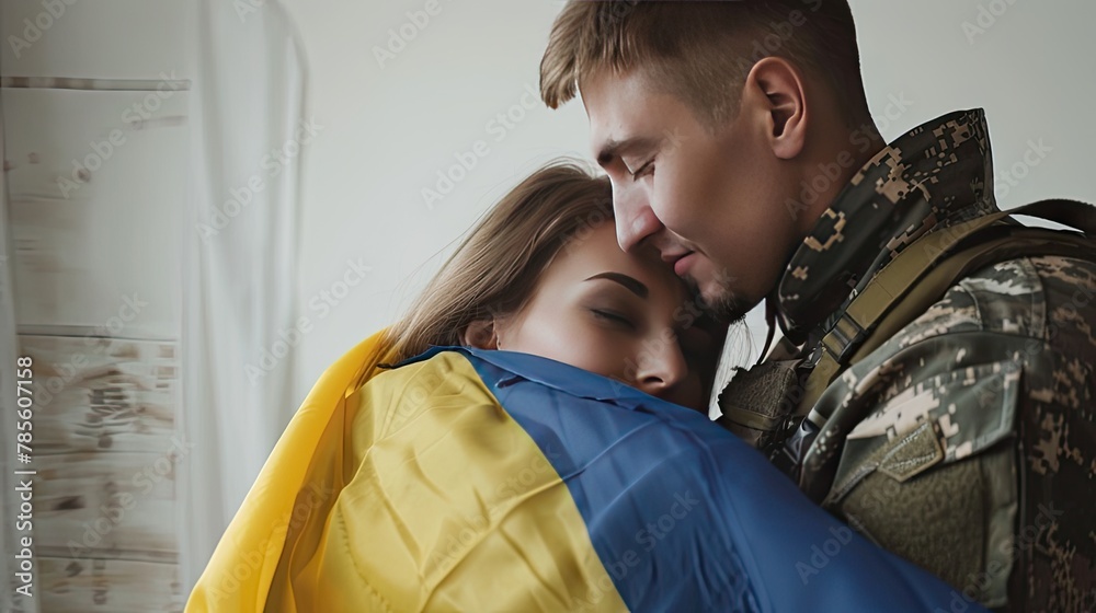 Ukrainian couple who met after the war. military man in uniform hugs ...