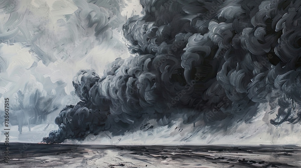 haunting reality of war with our painting depicting thick black smoke ...