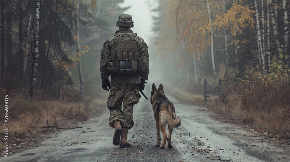 soldier and a military working dog patrolling an asphalt road in the ...