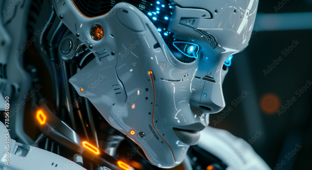 Closeup of the face and neck profile of an AI robot with blue lights ...