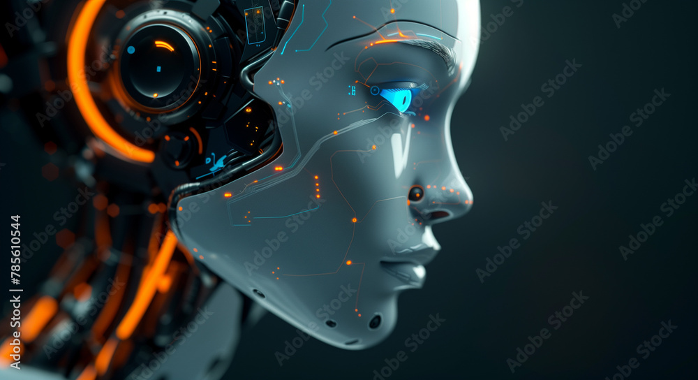 Closeup of the face and neck profile of an AI robot with blue lights ...