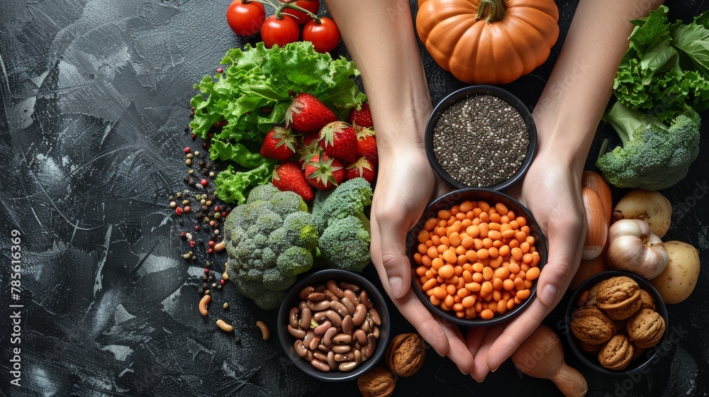 Hands holding bowls filled with nutritious foods such as lentils, chia ...