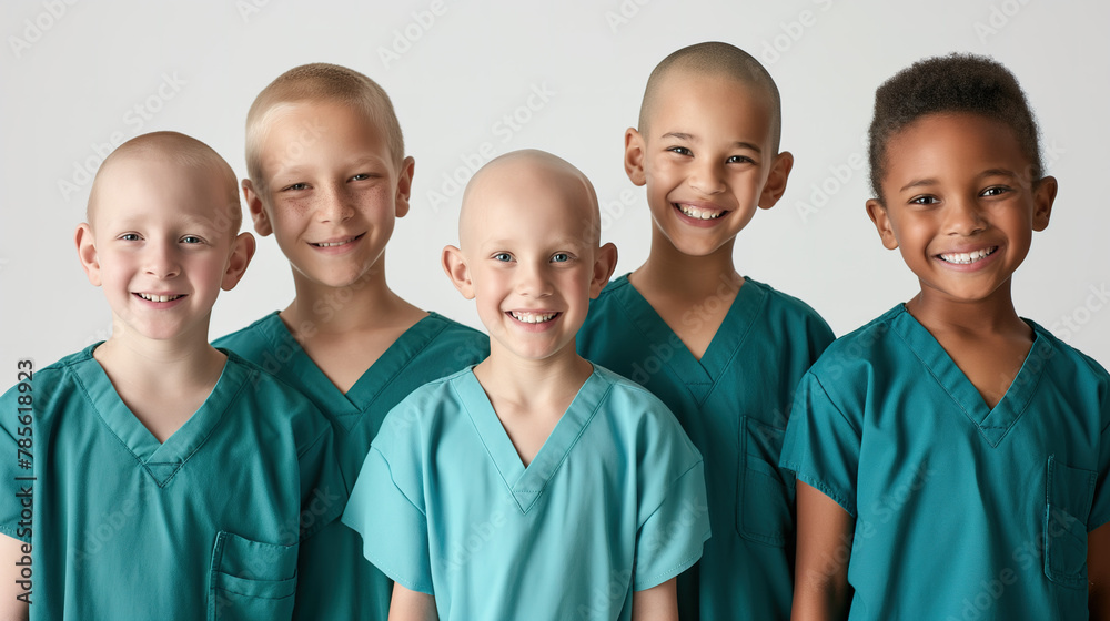 5 diverse children with cancer, bald heads and wearing teal scrubs on ...