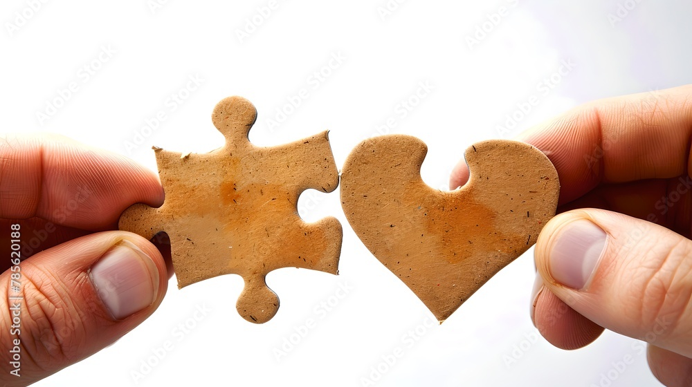 Connecting puzzle piece and heart shape in hands against white backdrop ...