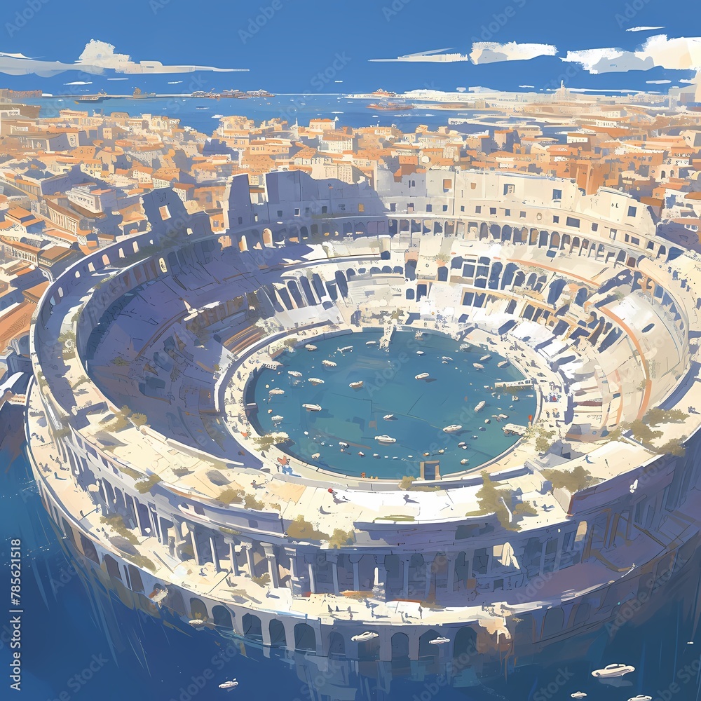 An artistic rendering of the historic Colosseum in Rome, with a modern ...