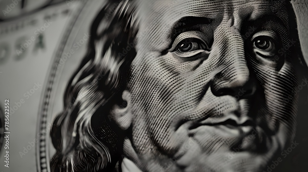 Close-up view of Benjamin Franklin on One Hundred Dollar Bill. Money ...