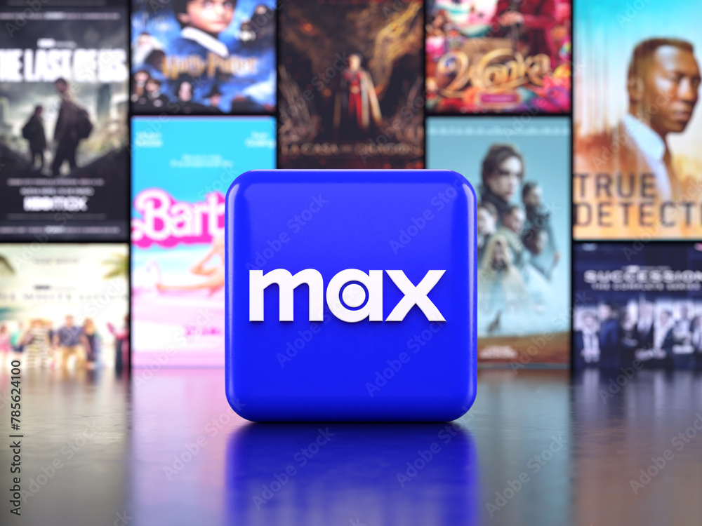 Valencia, Spain - April, 2024: New Max app logo in front of posters of ...