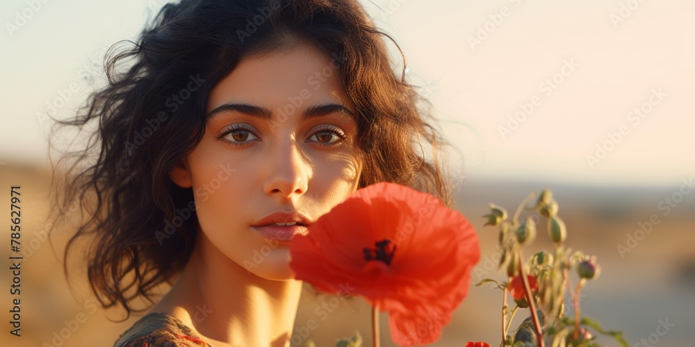 Young woman in a vintage dress holding a red poppy flower up to her ...