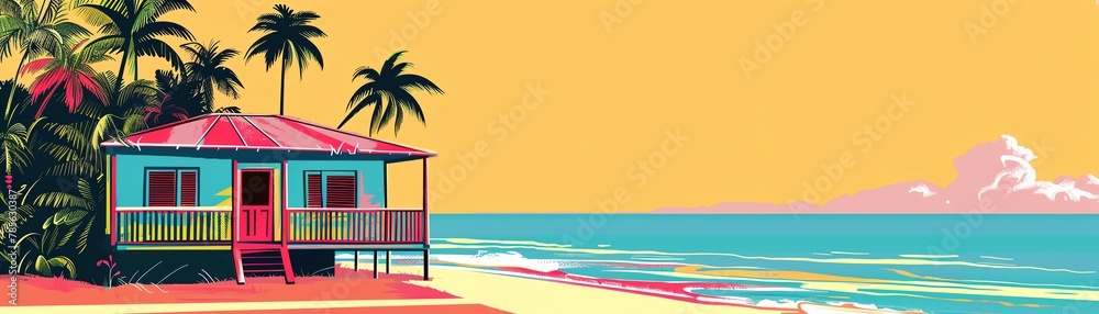 A colorful Caribbean beach shack through minimalist line art, where the ...