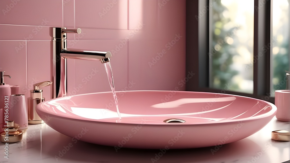 A photorealistic image showcasing an elegant pink bathroom sink and ...